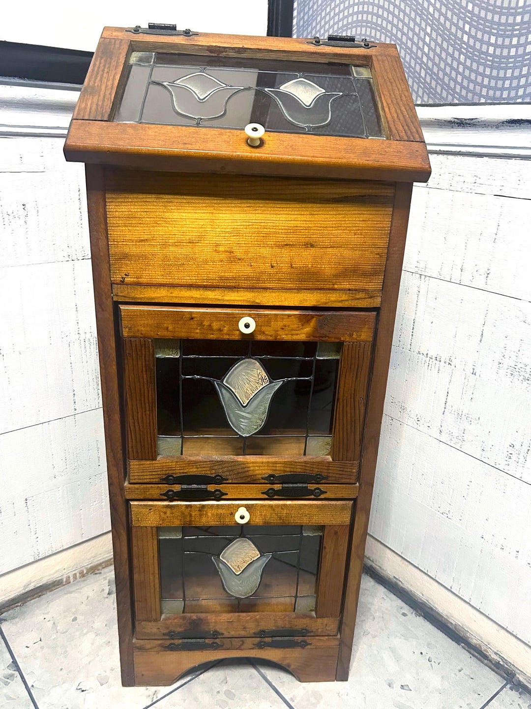 Vintage Wood Stained Glass Vegetable Storage, Potato Onion Bin ~ 35.5"x ...