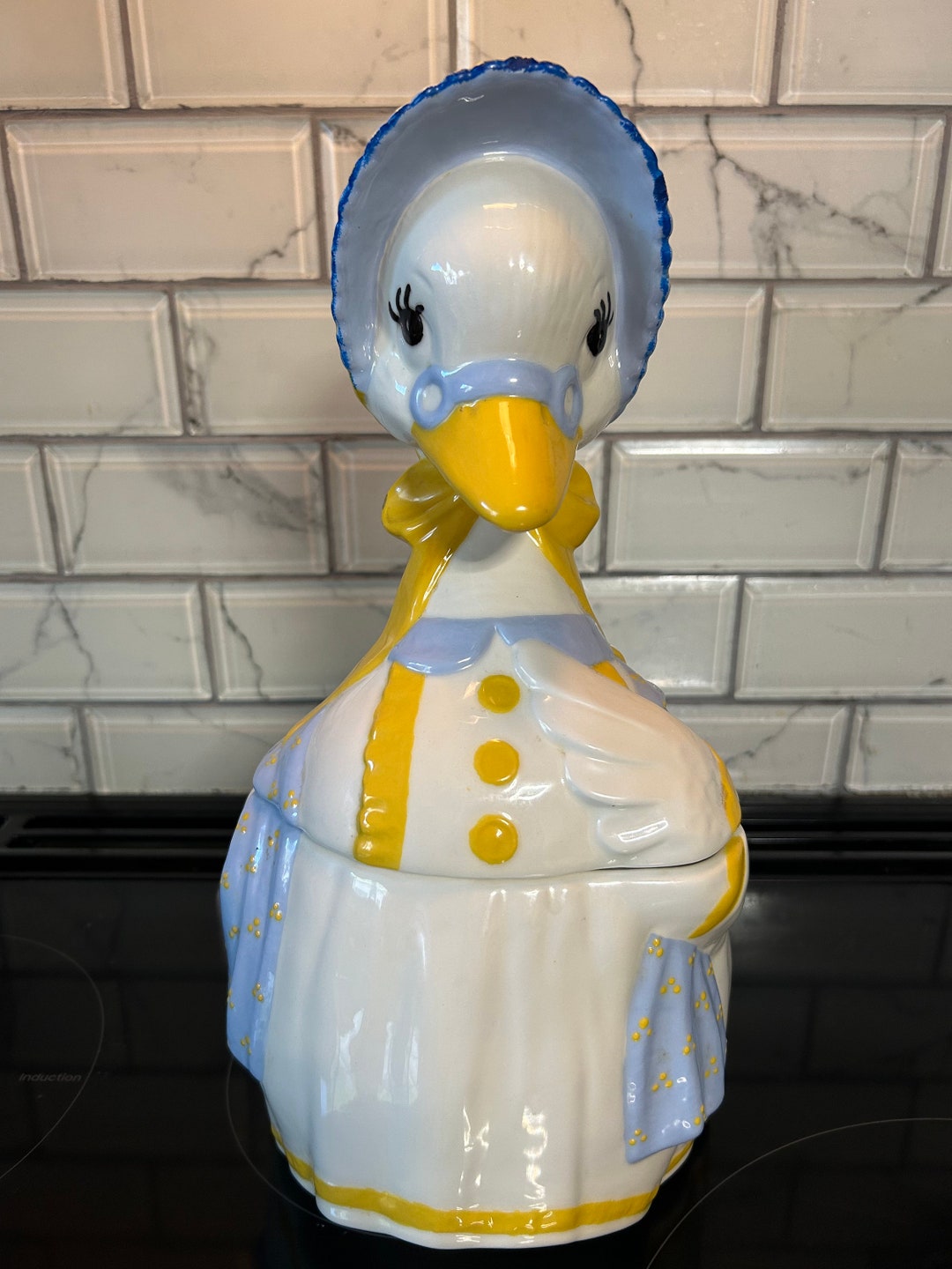 Vintage Mother Goose 70s Cookie Jar White Duck W/ Blue and Yellow Dress ...