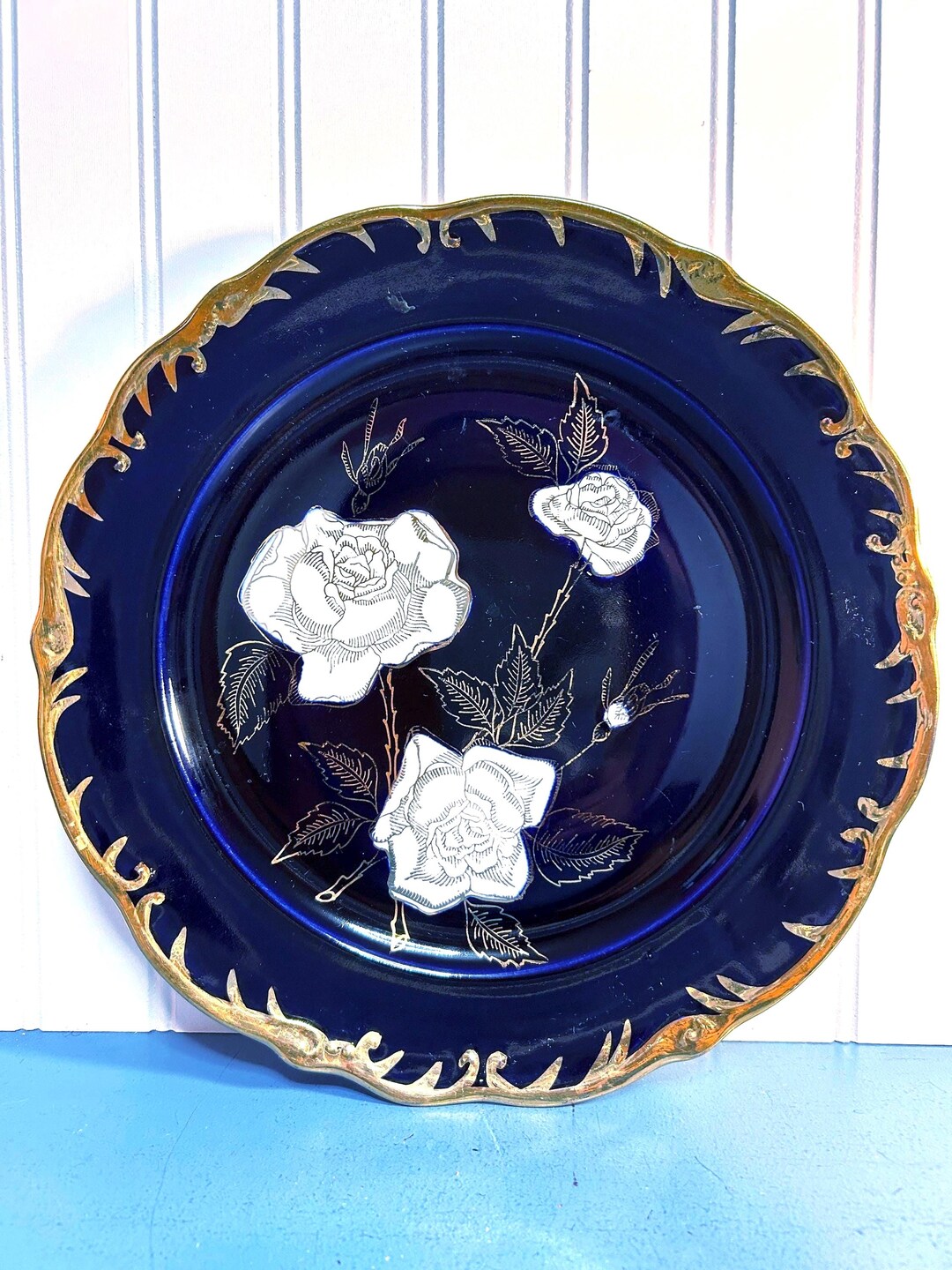Vintage Cobalt Blue Rose Plate W/ Embossed Gold Echt Made in Romania ...