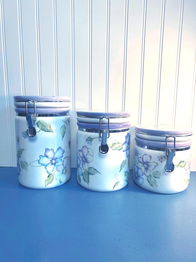 Vintage Purple Floral Canisters W/ Sealed Lids Set of 3 very Wide and ...