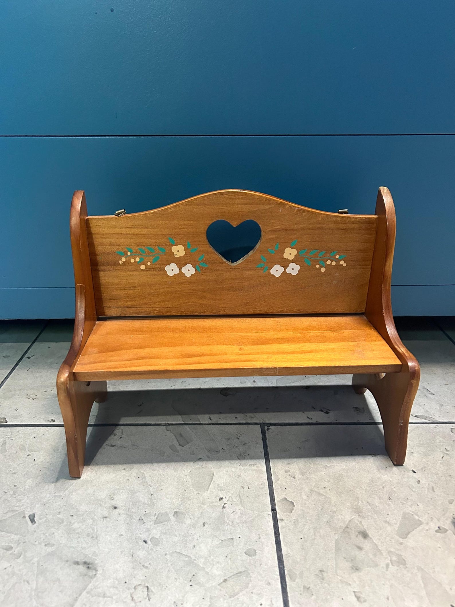 Vintage Solid Wood Doll Bench W/ Heart Cut Outs, Floral Wall Hanging ...