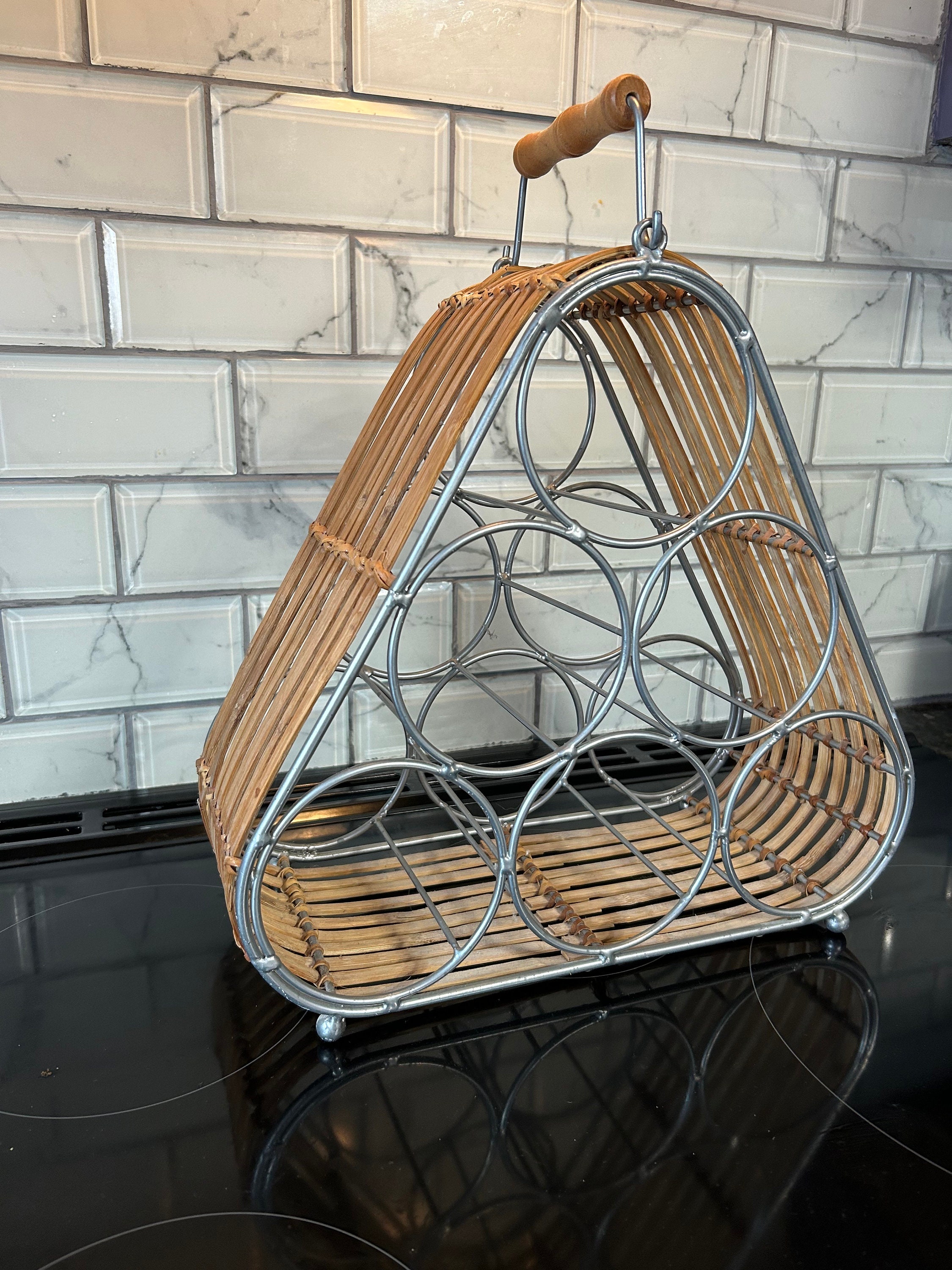 Vintage Bamboo Wine Rack, Triangular Shape Holds 6 Bottles, W/ Handle ...