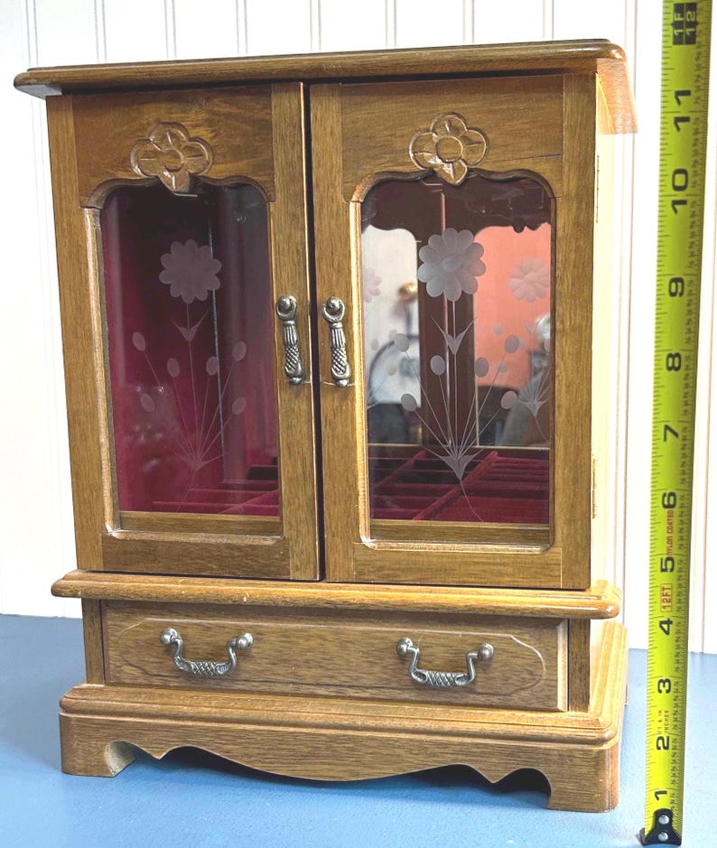 Vintage Solid Wood Jewelry Armoire: Etched Glass Doors, Red Velvet ...