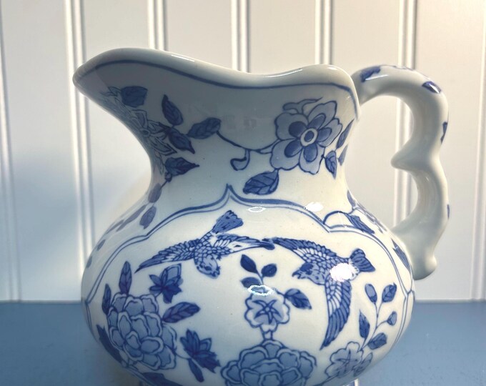 Vintage Blue and White Ceramic Pitcher W/ Floral & Bird Design ~ 5.5 ...