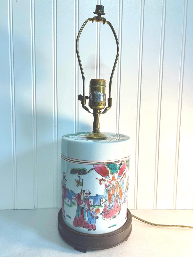 Vintage Chinese Porcelain Brass Table Lamp W/ Wood Base 18 - Etsy