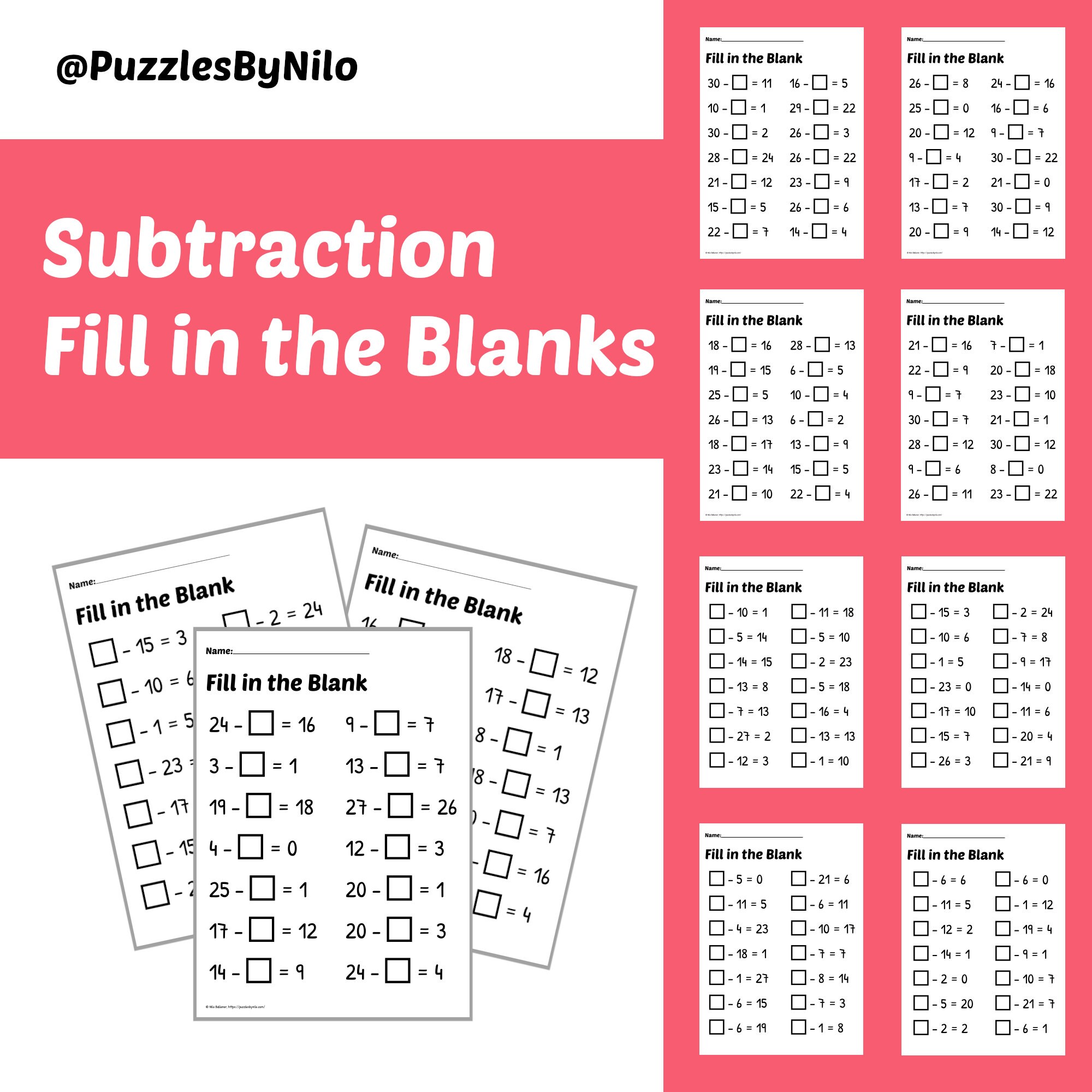 Math Worksheets Instant Download Printable Subtraction Fill in the ...