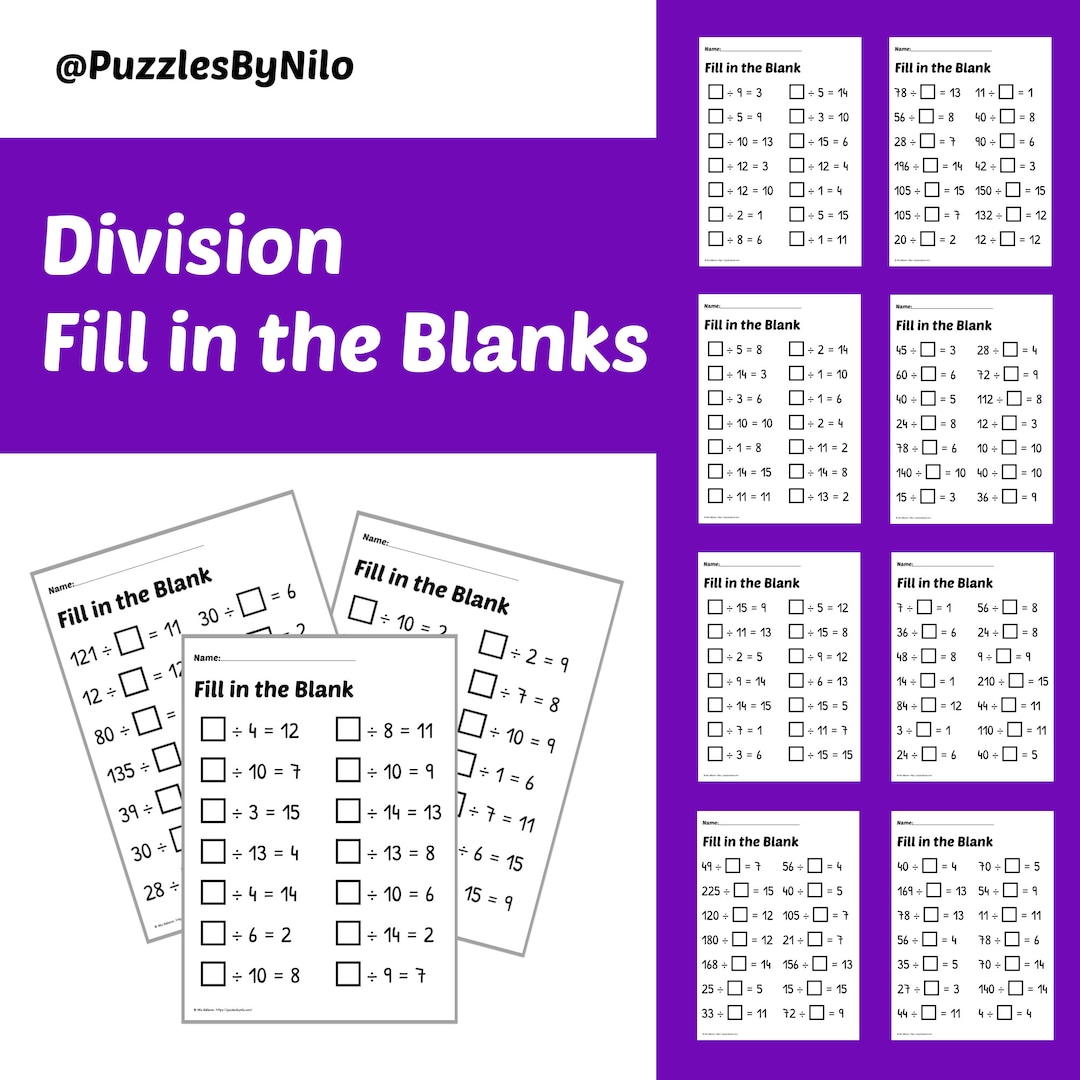 Math Worksheets - Instant Download - Printable - Division Fill in the ...
