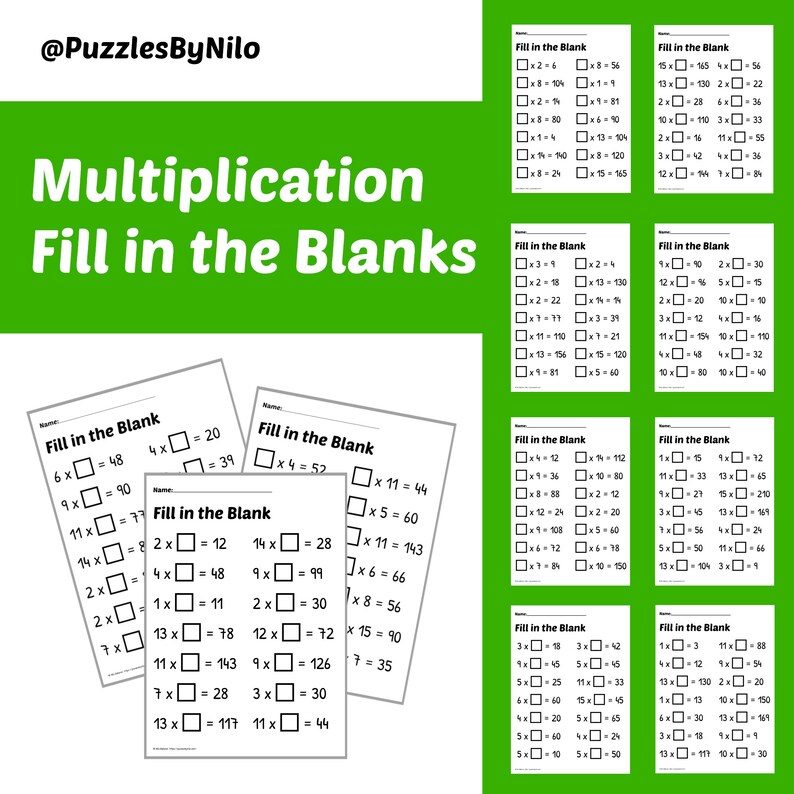 Math Worksheets - Instant Download - Printable - Multiplication Fill in ...