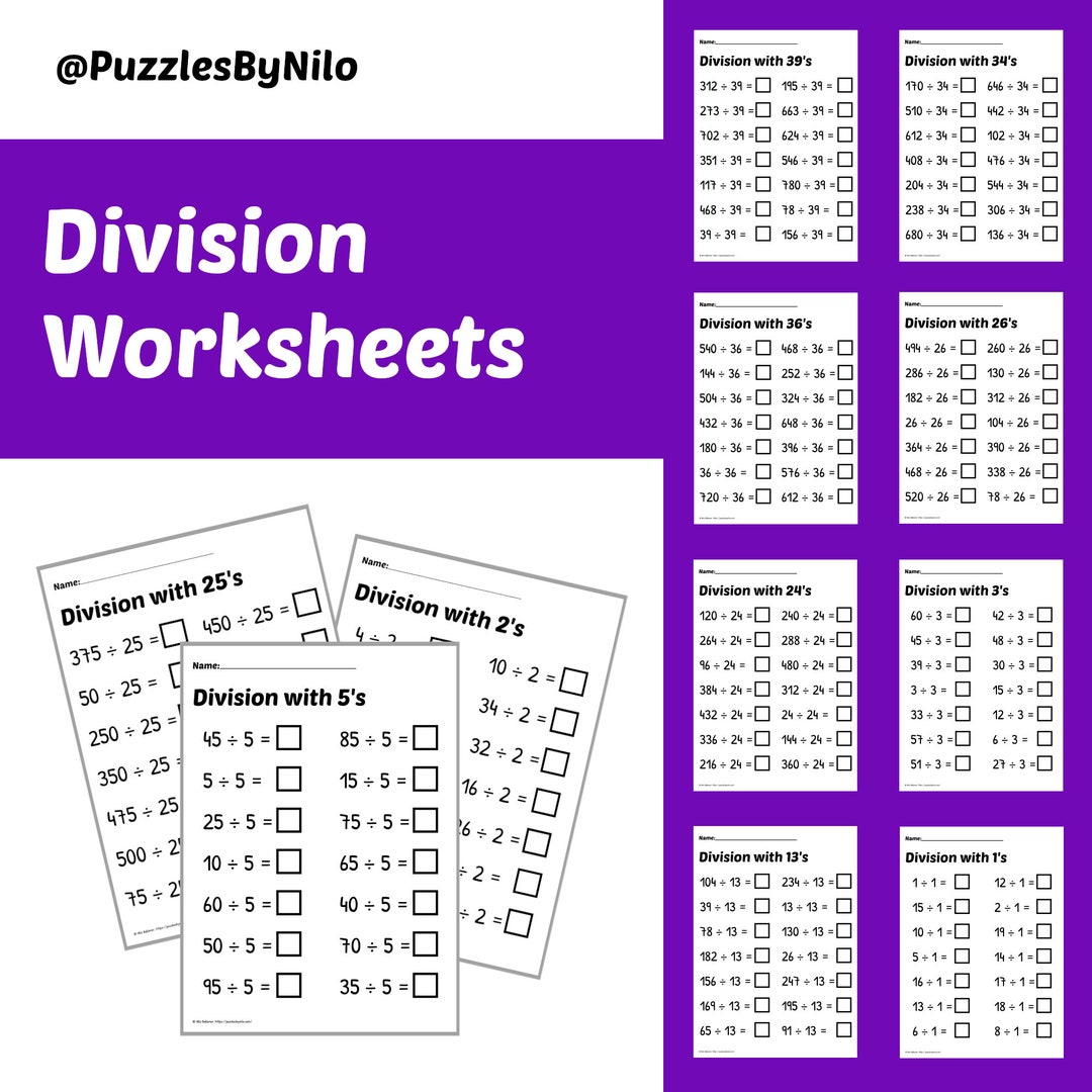 Math Worksheets - Instant Download - Printable - Division Equations ...