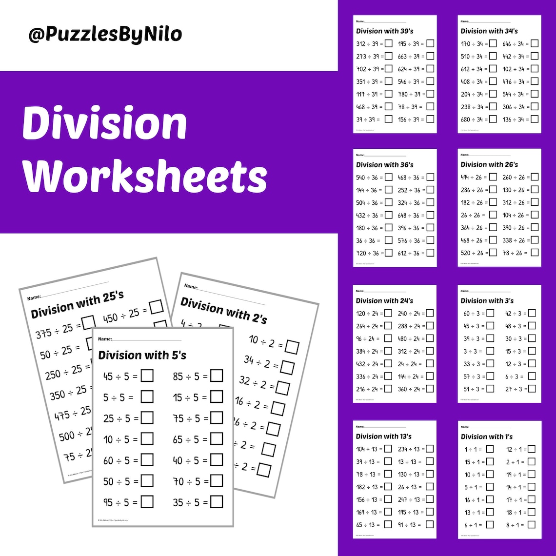 Math Worksheets Instant Download Printable Division Equations Primary ...