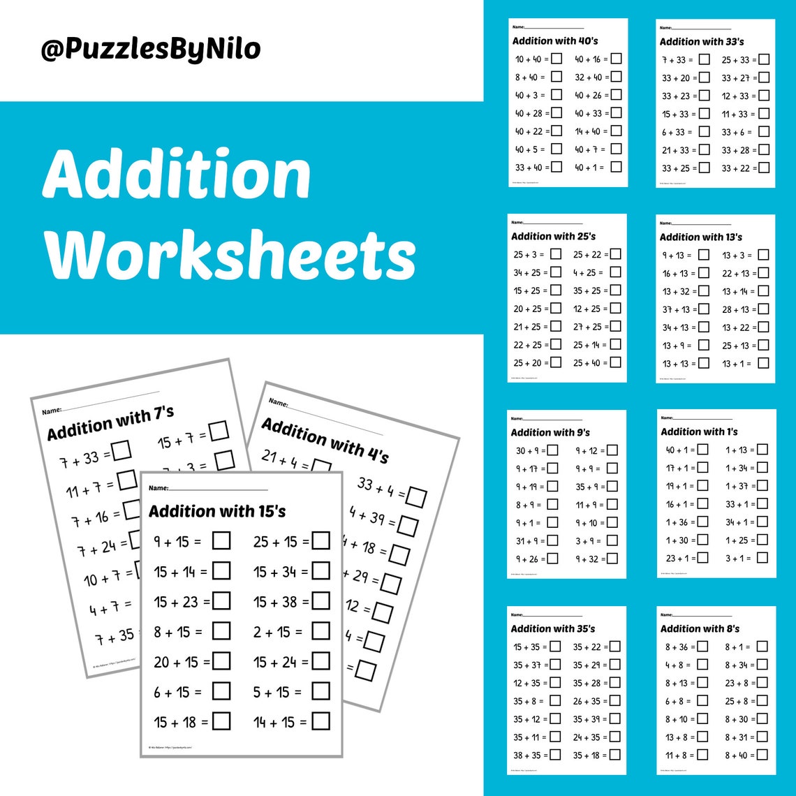 Math Worksheets - Instant Download - Printable - Addition Equations ...