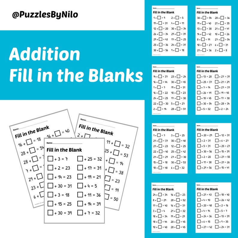 Math Worksheets Instant Download Printable Addition Fill in the Blanks ...