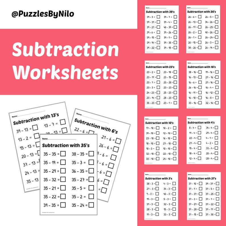 Math Worksheets Instant Download Printable Subtraction Equations ...
