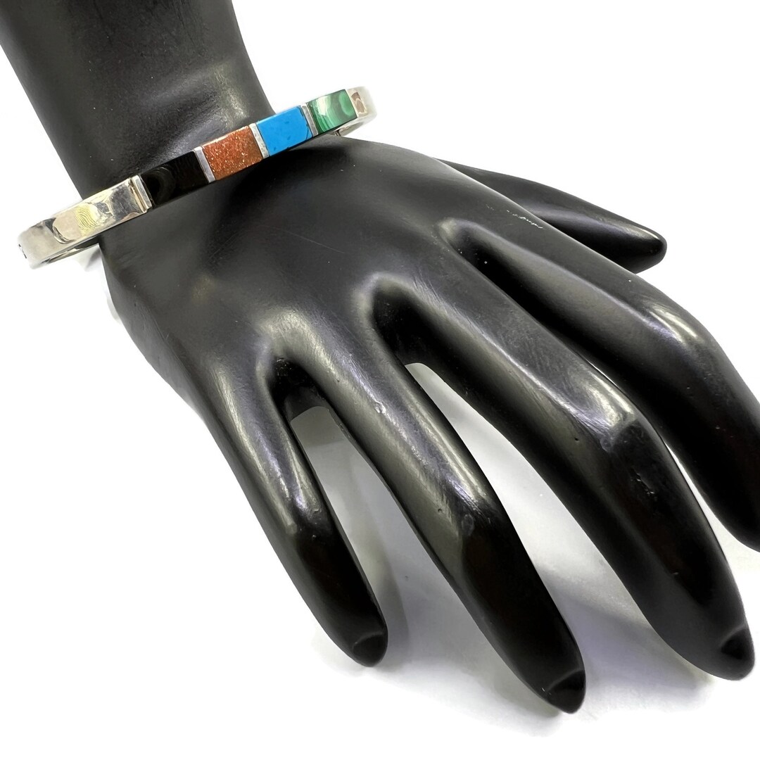 Taxco Sterling Inlay Stone Bracelet With Multi Color Stones Onyx ...