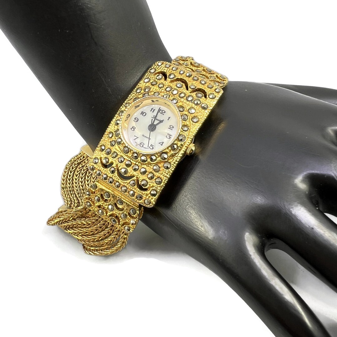 Vintage Lucida Quartz Watch Gold Tone With Marcasite and Mesh Strap MOP ...