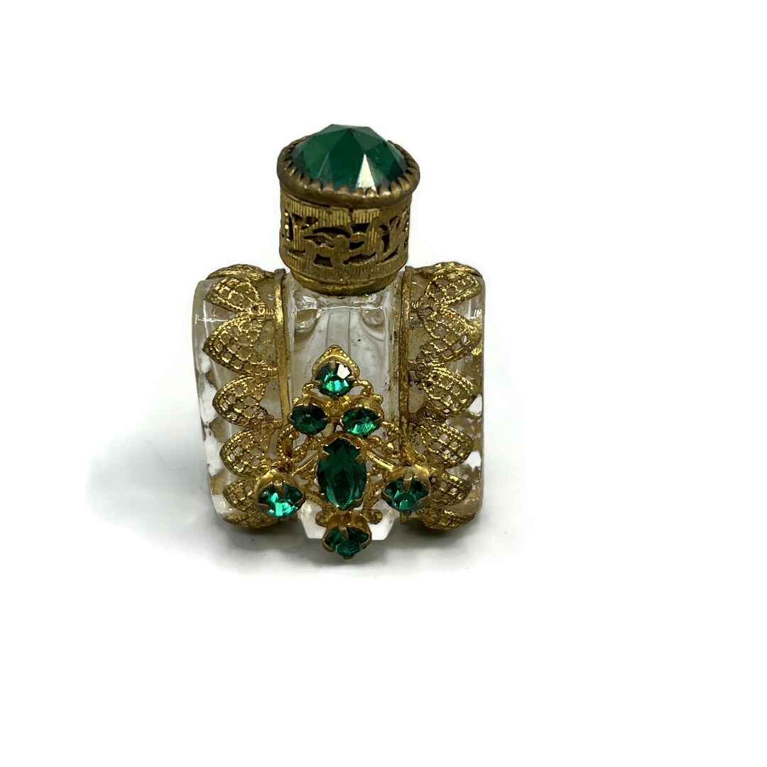 Miniature Perfume Bottle Antique Cut Crystal Filigree and Green Glass ...
