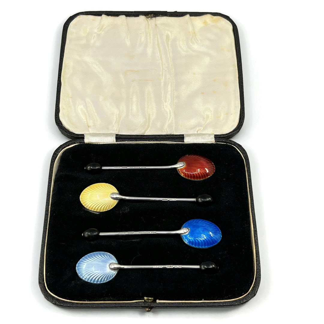 Sterling Guilloche Enamel Coffee Bean Spoons Henry Clifford Davis ...