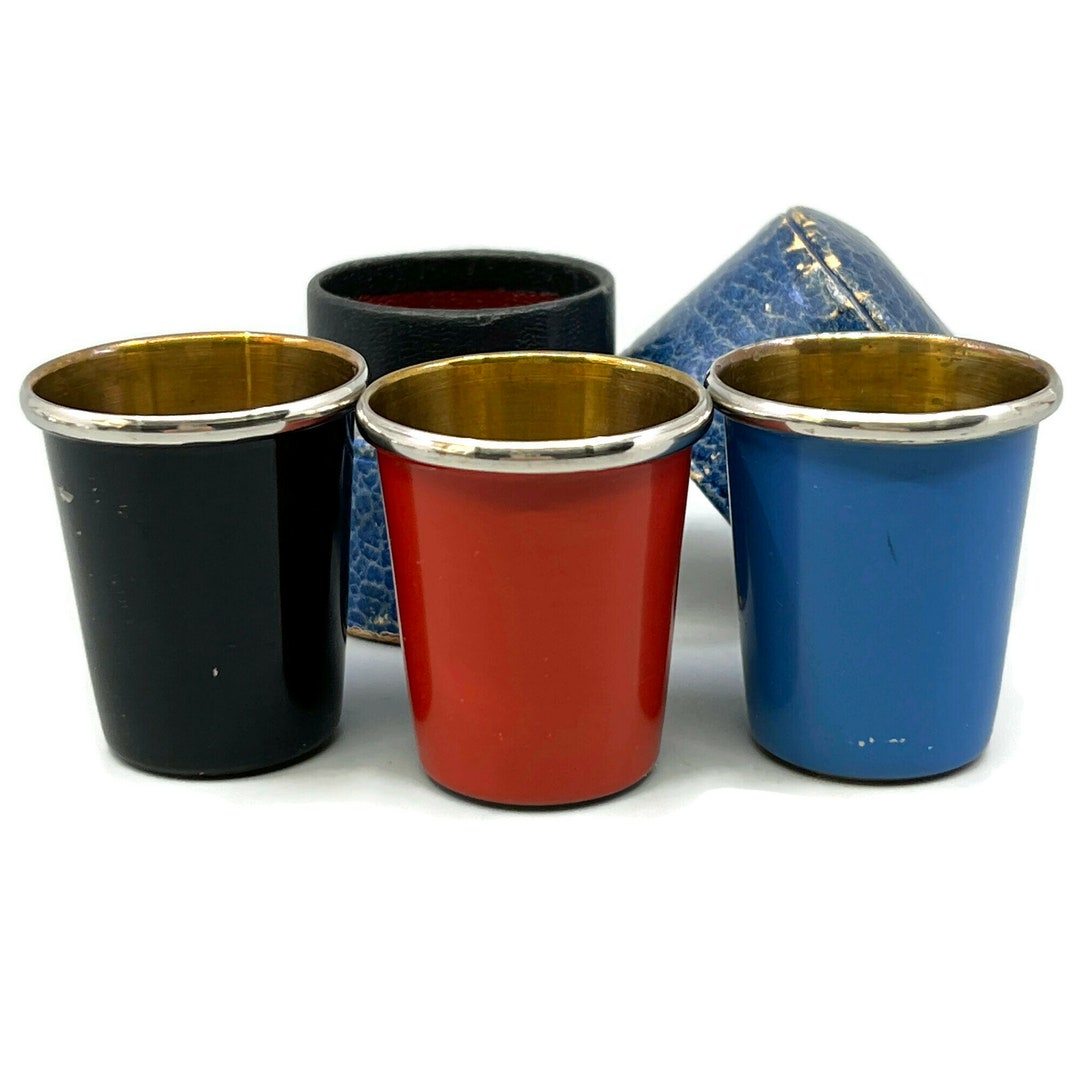 Vintage Stacking Enamelled Shot Glasses in Leather Look Case Made in ...