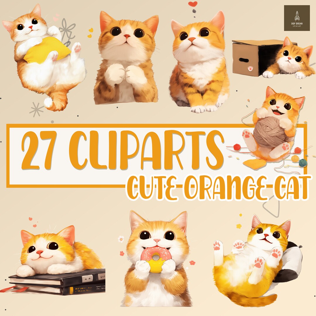 Cute Orange Cats Sticker & Clipart , Pet Animals Clipart, Watercolor ...
