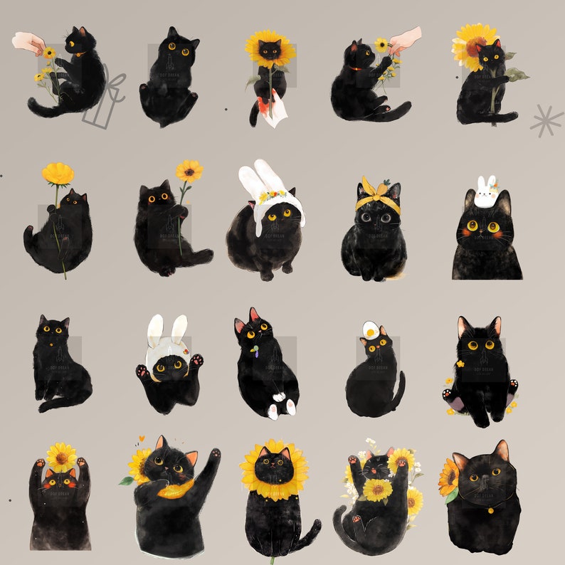 Cute Black Cats Sticker & Clipart , Pet Animals Clipart, Watercolor Cat ...