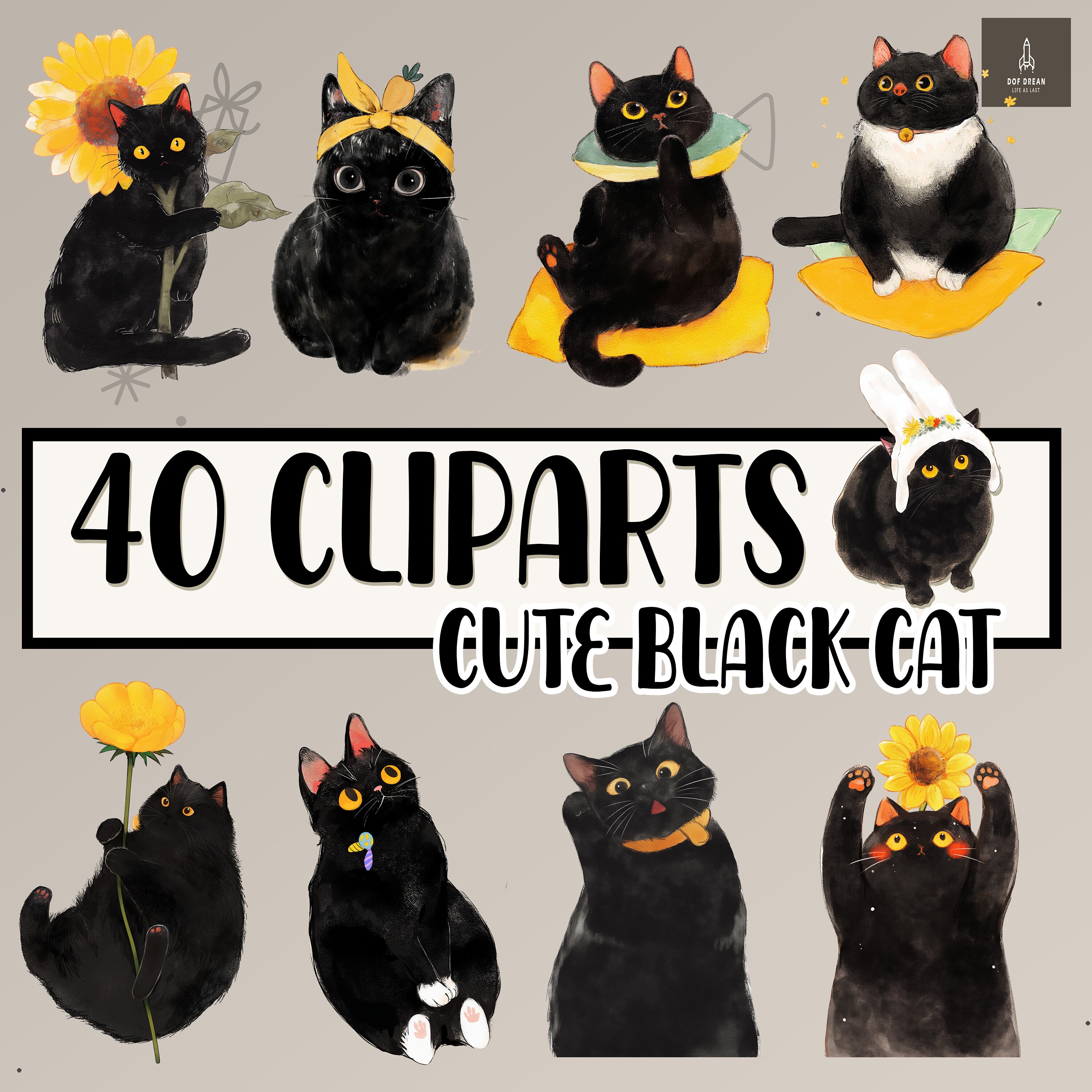 Cute Black Cats Sticker & Clipart , Pet Animals Clipart, Watercolor Cat ...