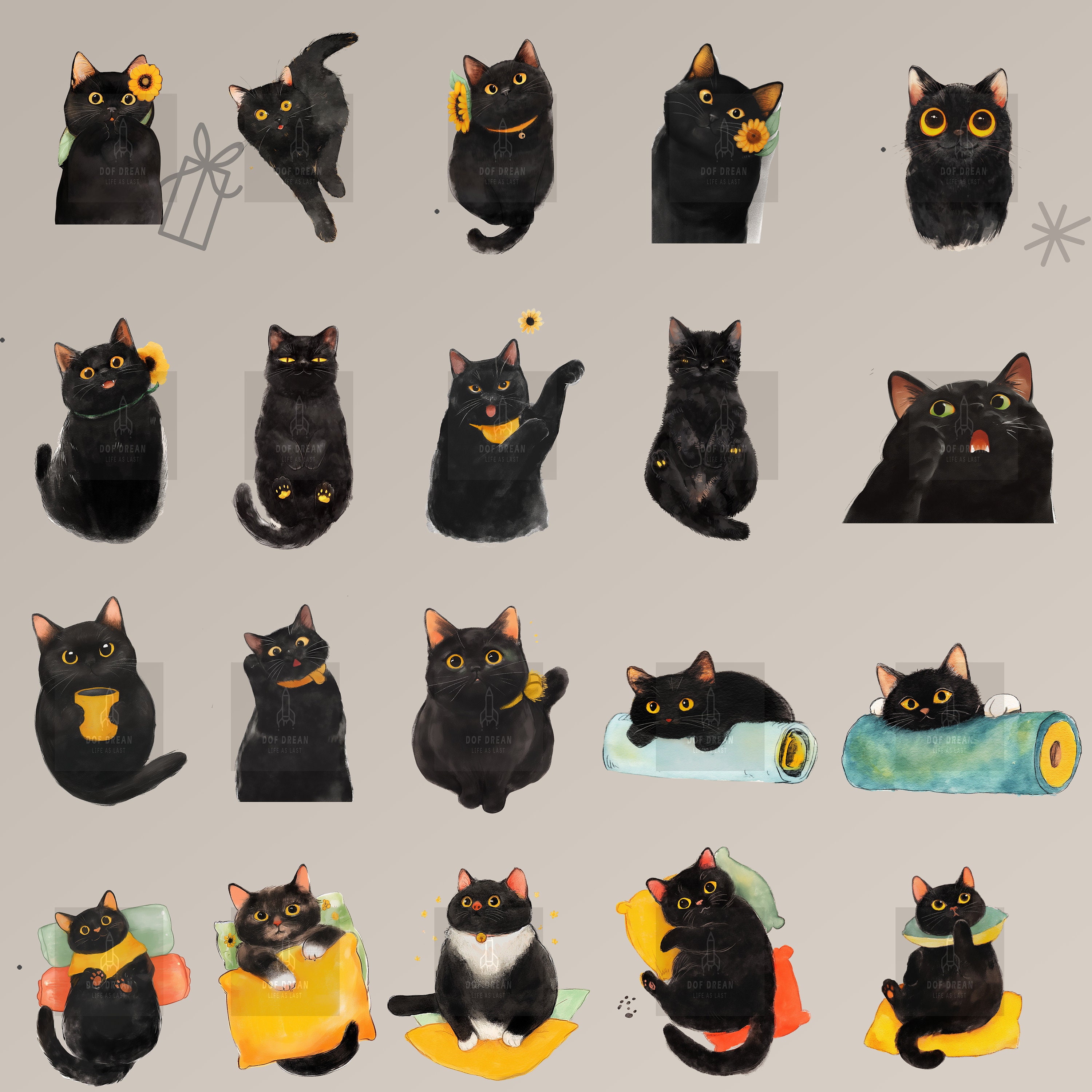 Cute Black Cats Sticker & Clipart , Pet Animals Clipart, Watercolor Cat Graphics, Realistic Cats ...