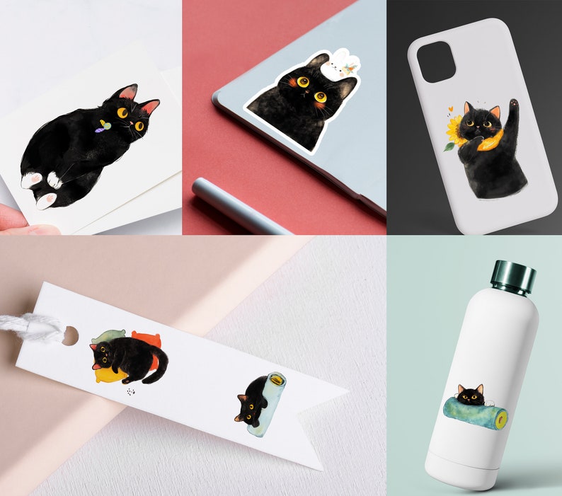 Cute Black Cats Sticker & Clipart , Pet Animals Clipart, Watercolor Cat ...