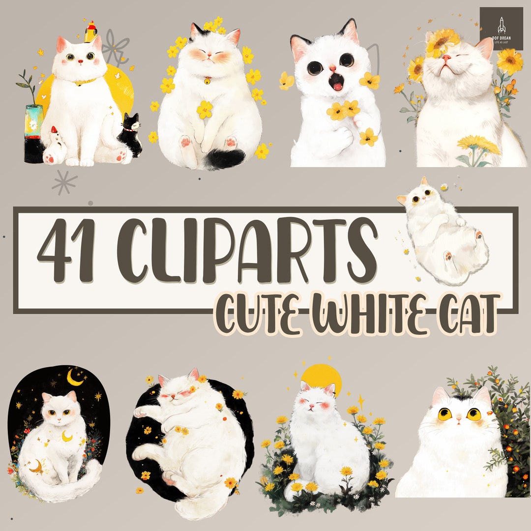 Cute White Cats Cliparts, Pet Animals Clipart, Watercolor Cat Graphics ...