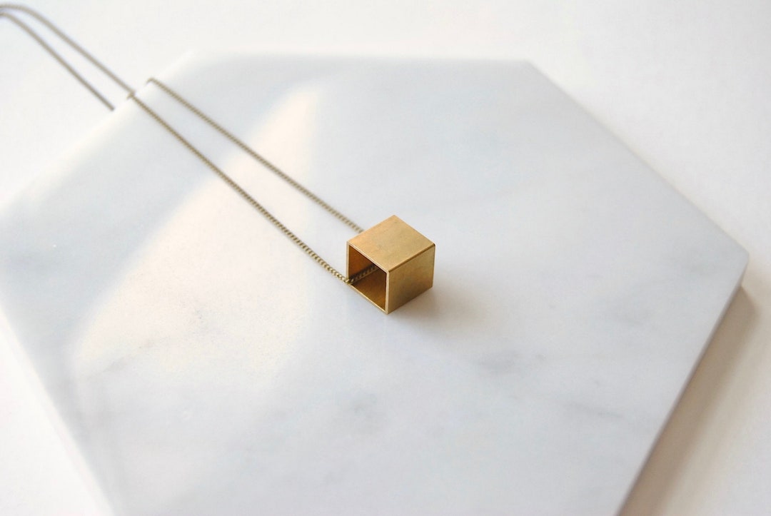 Brass Cube Necklace | Geometric Square Charm | Gift for Minimal Man or ...