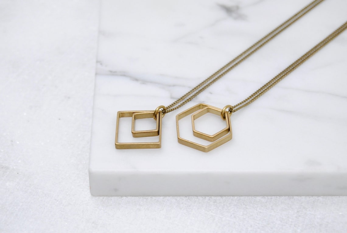Paired Squares Necklace Minimal Geometric Jewelry Everyday - Etsy