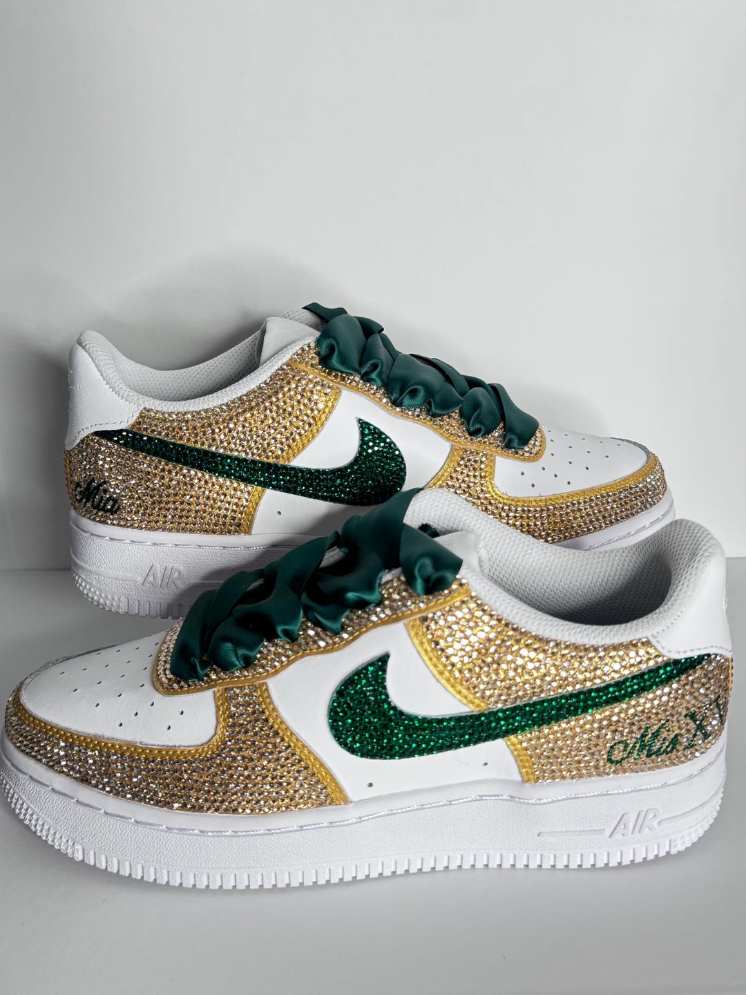 Custom Nike Air Force Ones AF1 Mis Quince Gold Green Bedazzled Bling ...