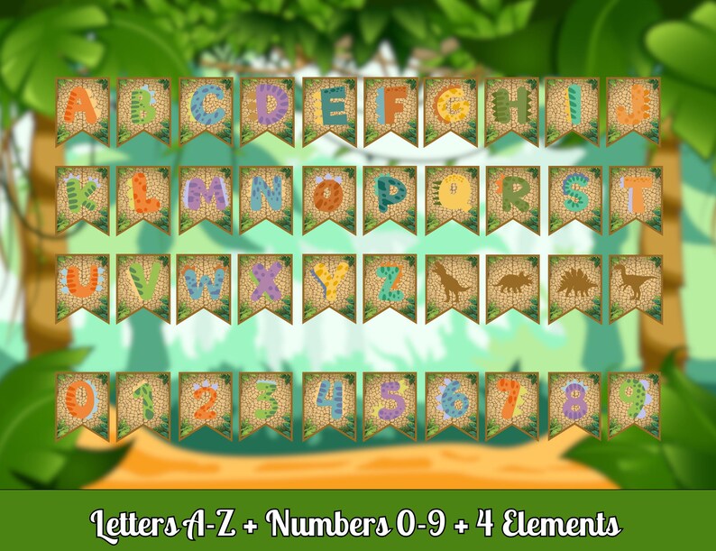 Dinosaur Birthday Banner Printable | A-Z Letters, 0-9 Numbers (digital ...