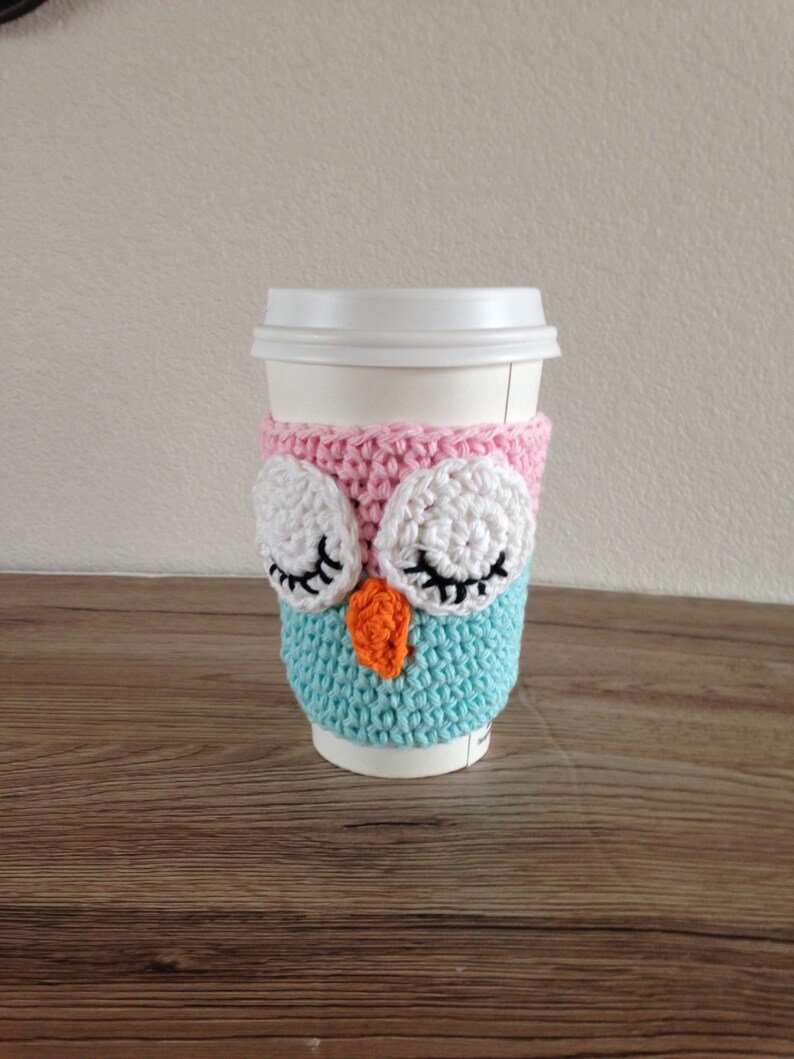 Crochet Sleepy Owl Cup Cozy in Pink and Light Blue - Etsy