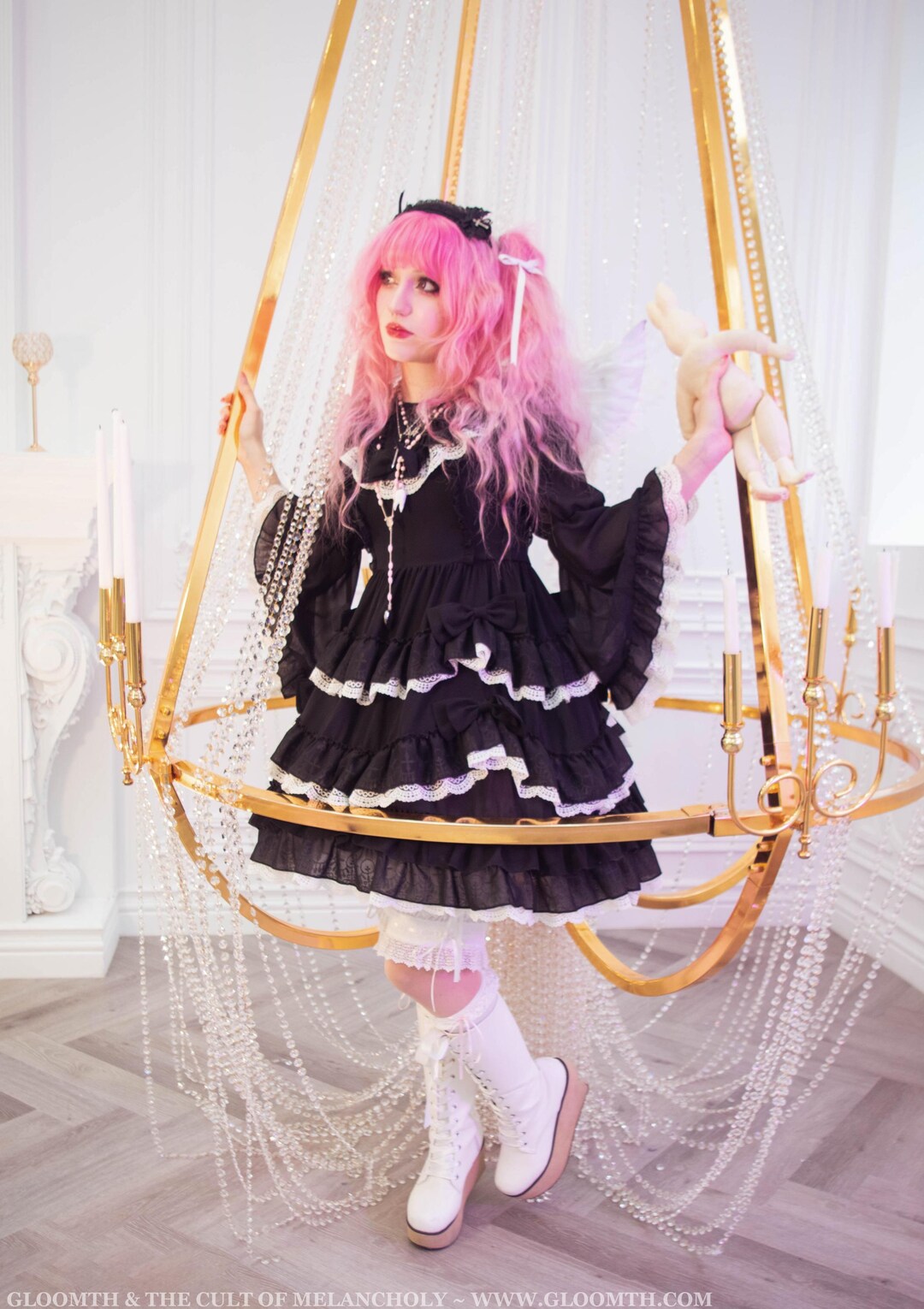 Gloomth Demon Court Chiffon Gothic Dress With Bell Sleeves White Lace ...