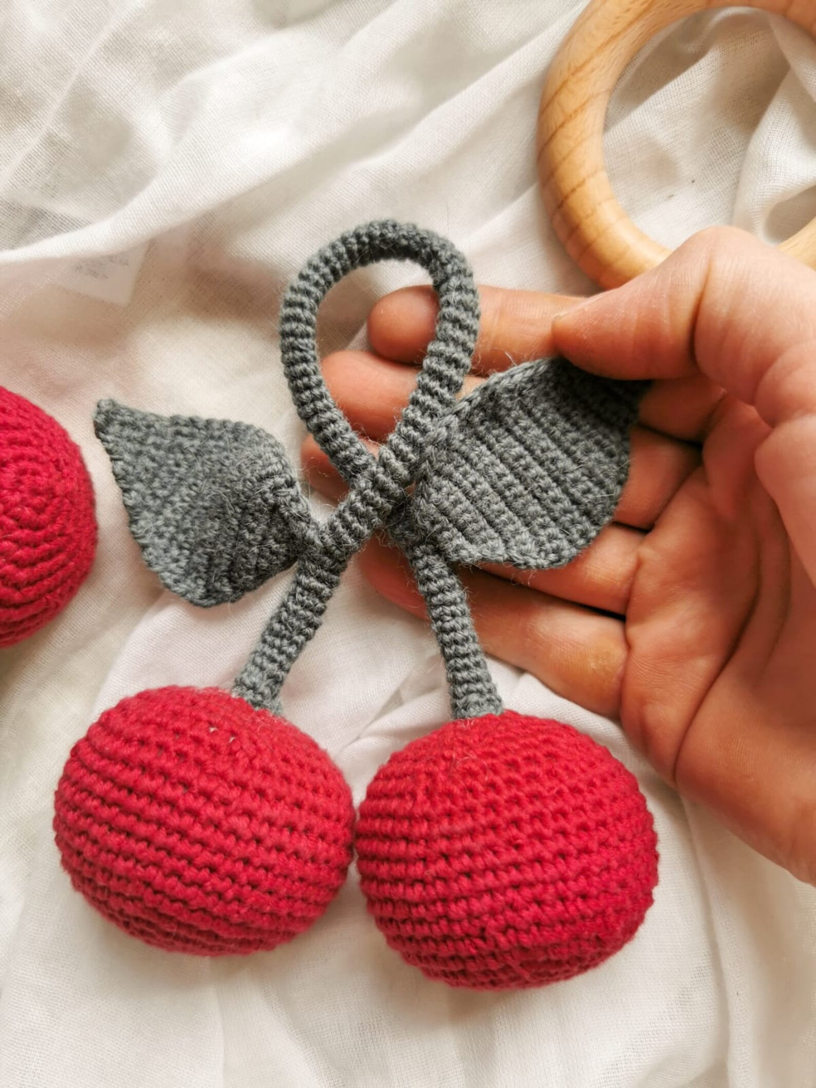 Crochet Rattle, Crochet Toy, Cherries, Cherry, Wooden Rattle, First Toy ...
