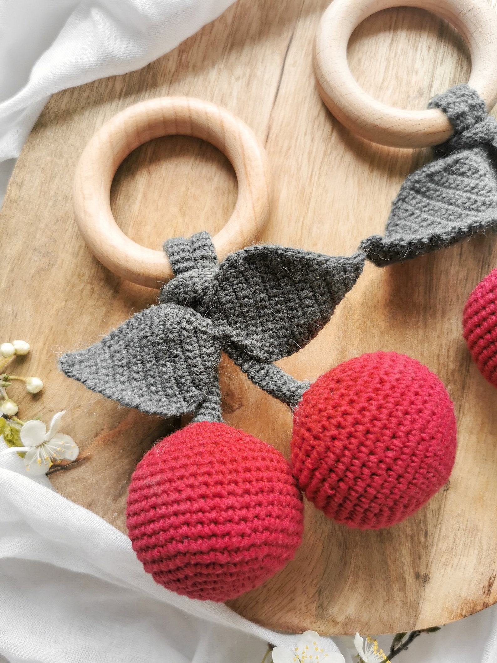 Crochet Rattle, Crochet Toy, Cherries, Cherry, Wooden Rattle, First Toy ...