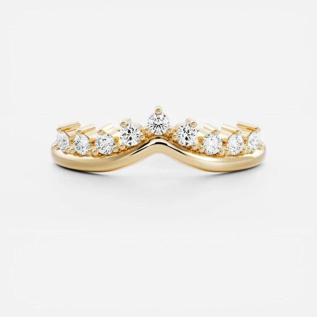 14k Gold Curved Wedding Ring, Solid Gold Royal Curve Ring, Dainty V ...