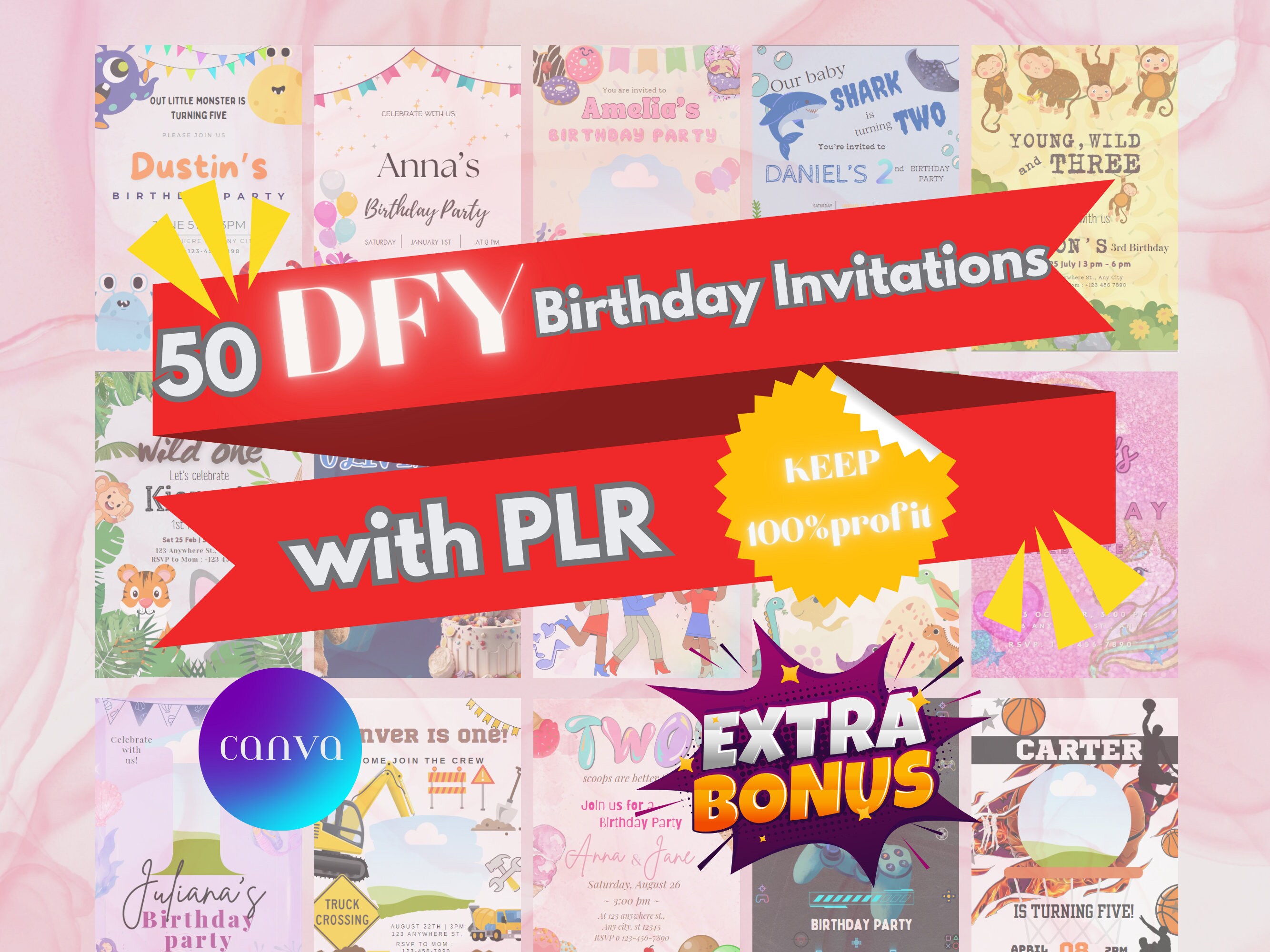 50 PLR Birthday Invitations, Editable Birthday Invitation Canva ...