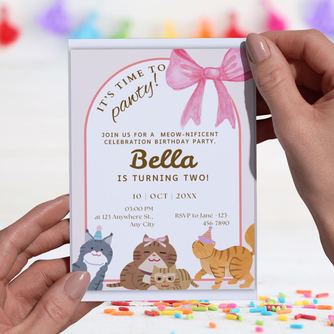 Cat Themed Birthday Invitation, Editable Cat Birthday Invite, Let's ...