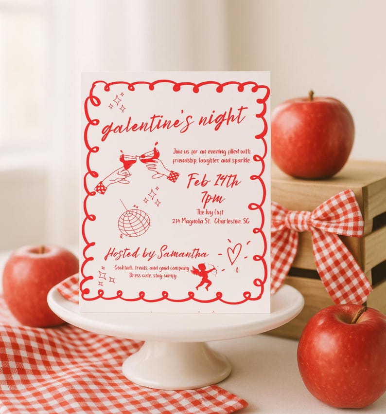Galentine's Night Invitation Template, Red Whimsical Design (canva ...