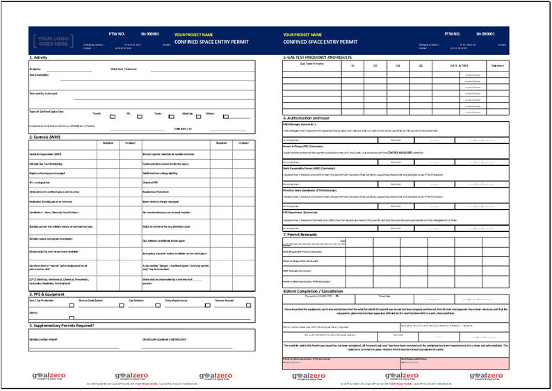 Confined Space Entry Work Permit Template: Fillable Safety Compliance ...