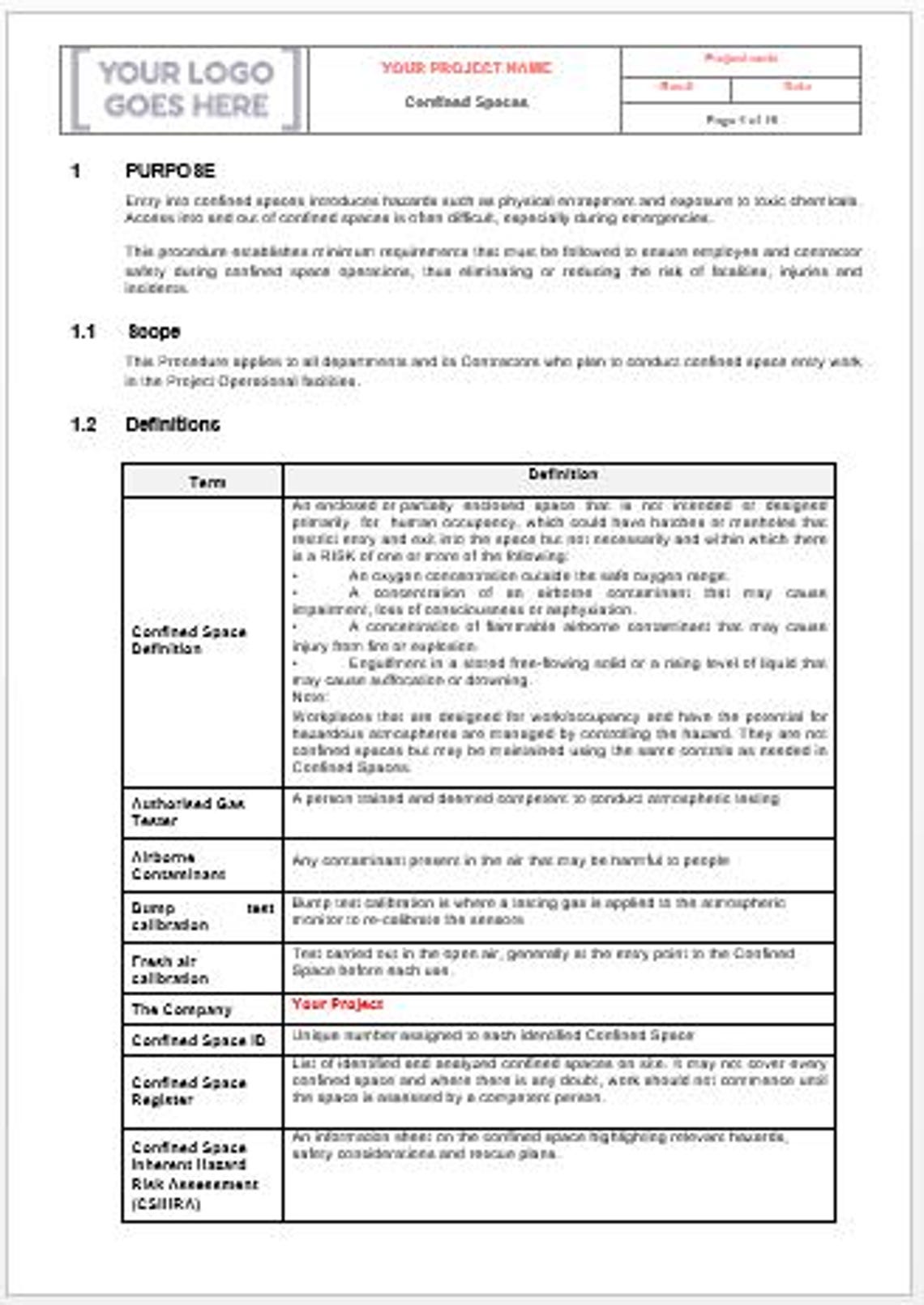 Confined Space Procedure Template | Safety Management | PTW Safety Word ...