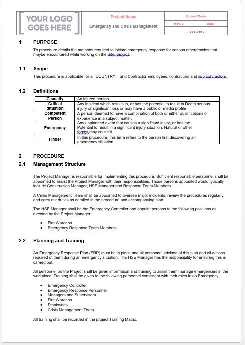 Emergency and Crisis Management Safety Procedure Template | Word File ...
