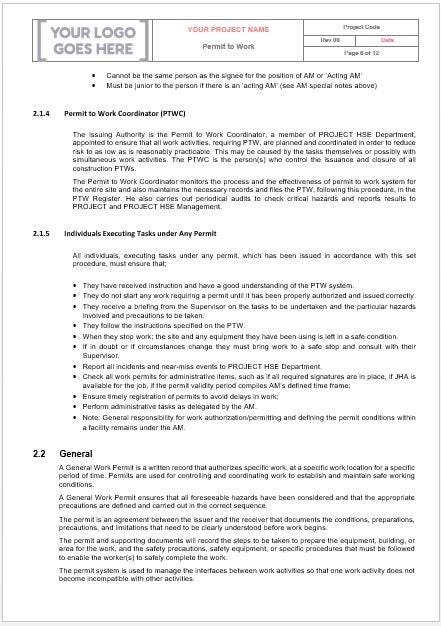 Permit to Work Procedure Template | Safety Management | PTW Safety Word ...