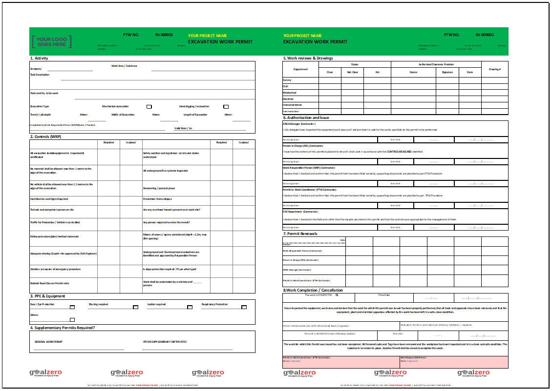 Excavation & Trenching Work Permit Fillable Template | Compliance ...