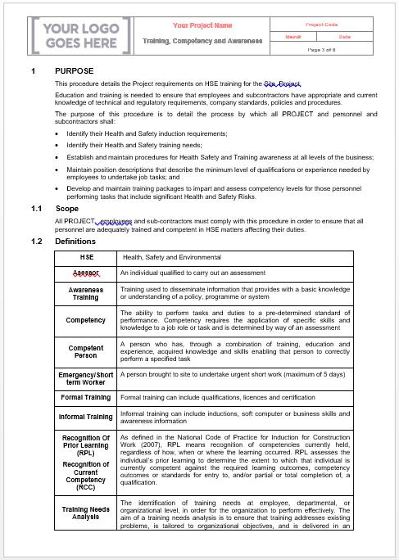 Training, Competency, and Awareness Safety Procedure Template ...