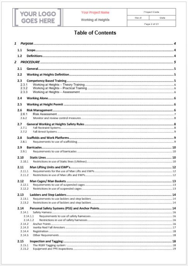 Working at Heights Safety Procedure Template | Workplace Compliance ...