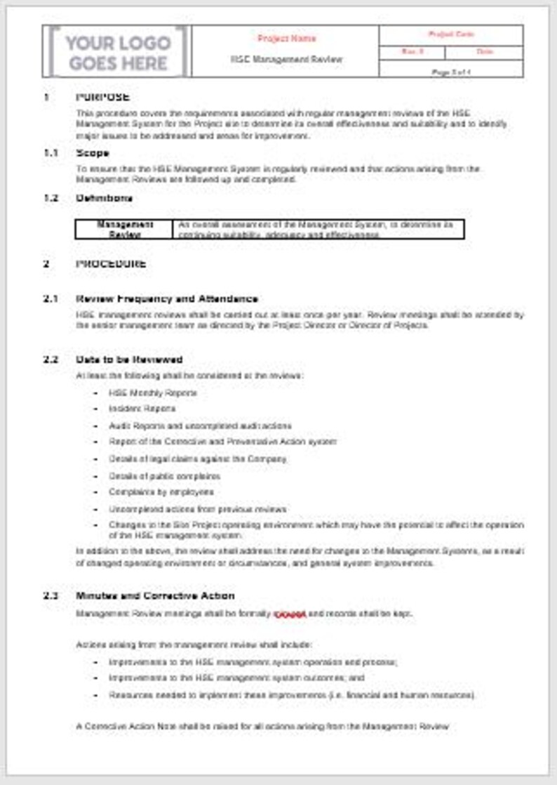 HSE Management Review Procedure Template | Word File - Etsy