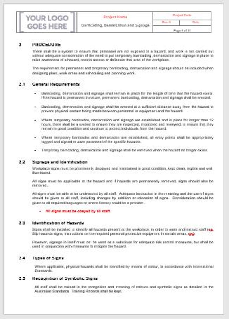 Barricading, Demarcation & Signage Safety Procedure Editable Word ...