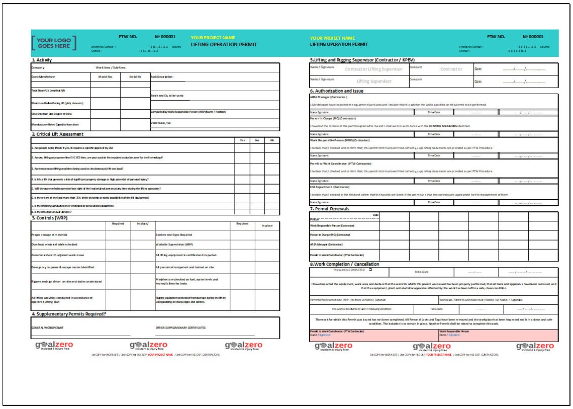 Lifting Operation Safe Work Permit Form Template | Instant Download ...
